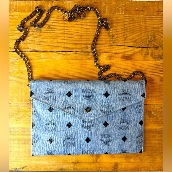 MCM | Bags | Mcm Blue Monogram Envelope Clutch Gwp | Poshmark